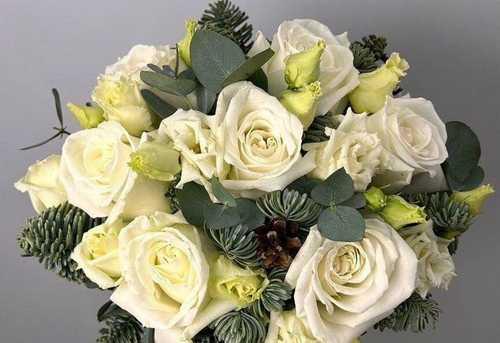 Зимний букет невесты, с нобилисом, шишками, розами