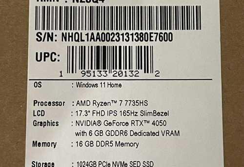 New Acer Nitro 17 Ryzen7/16gb/1Tb/RTX4050/165Hz