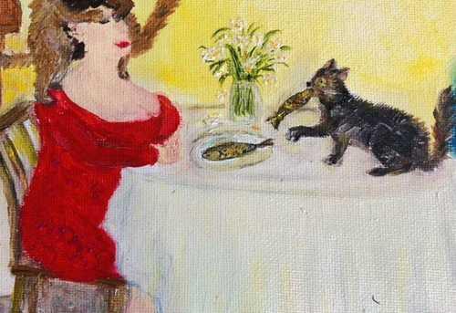 Картина маслом на холсте "Котики играют в Жмурки"