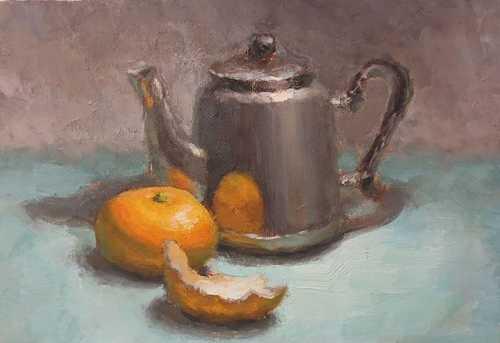Картина чайник И мандарин
