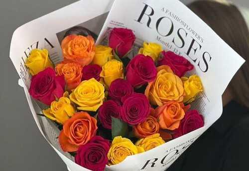 25 ярких роз Букет в стильном оформлении