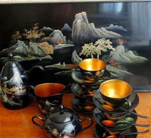 Антикварный китайский деревянный чайный сервиз