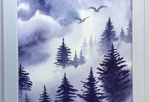 Картина акварелью "Туман над лесом", хлопок