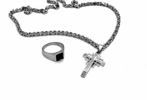 Мужской набор: кольцо стилизованный крест цепь