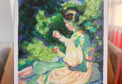 Рисунок масляной пастелью Девушка за шитьем