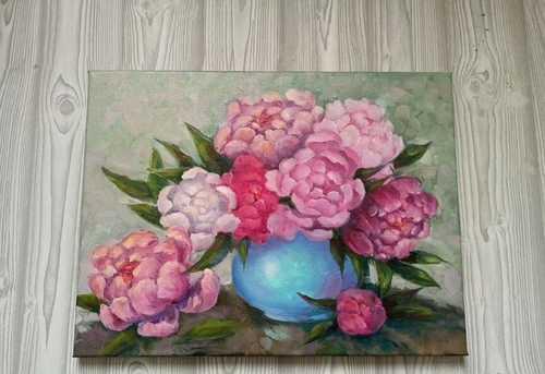 Картина маслом на холсте с цветами пионы в вазе 40