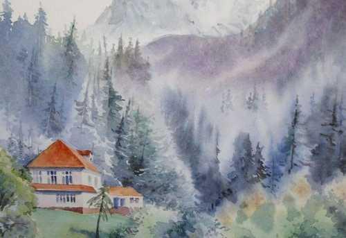 Картина акварелью "Утро в горах"