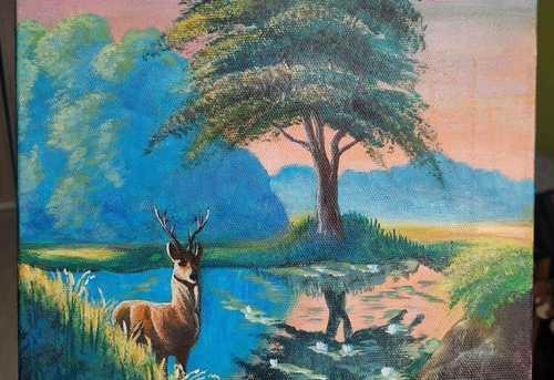 Картина маслом Пейзаж с оленем