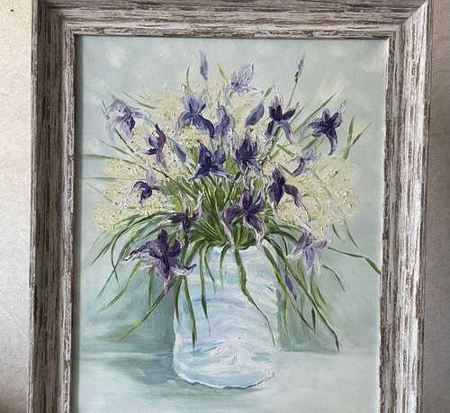 Картина маслом на холсте цветы ирисы в вазе