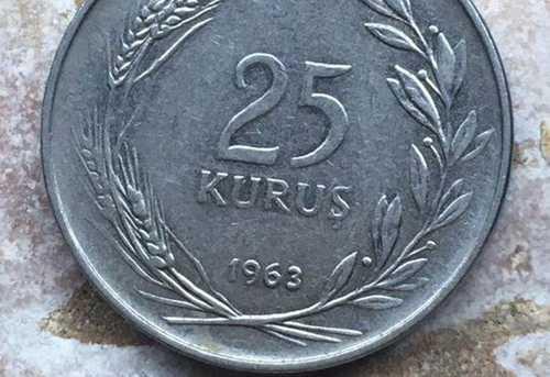 Красивая монета Турция 25 куруш 1963 год