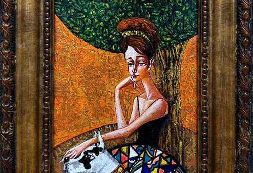 Картина маслом "Девушка с далматинцем" 24х18