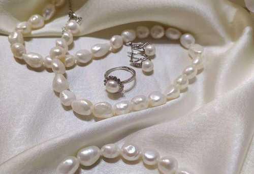 Жемчужное ожерелье, браслет, серьги, кольцо