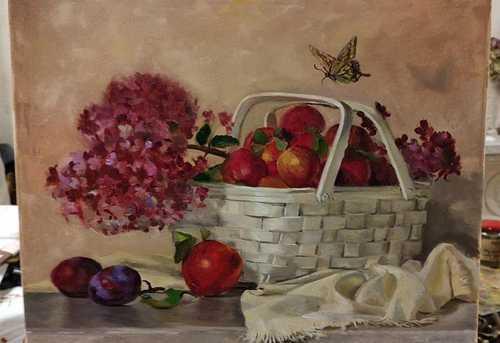 Картина маслом на холсте яблоки в корзине