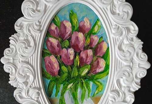 Картина маслом в винтажной рамке «Букет тюльпанов»