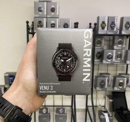 Garmin Venu 3 Black case and black leather band