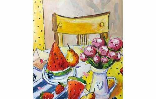 Картина пионы цветы в вазе натюрморт с фруктами
