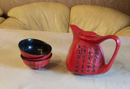 Китайский красный чайник и пиалы