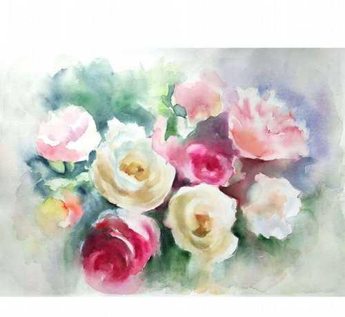 Картина цветы розы акварелью 53х38