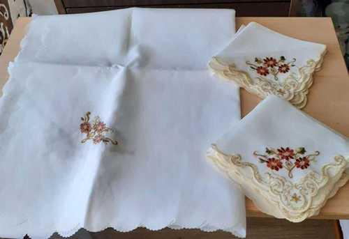 Скатерть белая шёлковая 12 салфеток с вышивкой