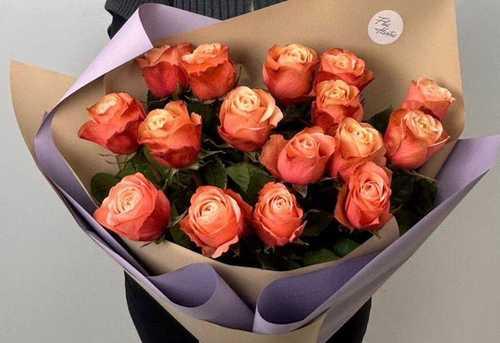 Букет тз 15 пионовидных персиковых роз "Кахала"