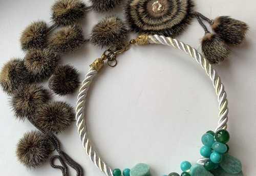 Ожерелье чокер из меха, амазонита, агата