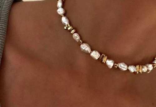 Ожерелье из натурального жемчуга и гематита