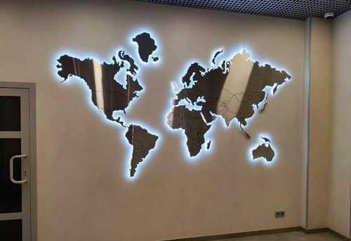 Деревянная карта мира с подсветкой на стену