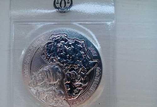 Бегемот 50 франков, Руанда, 2017г. серебро