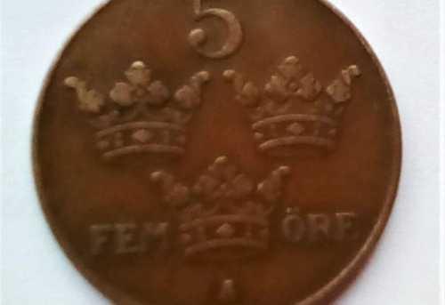 Монета 5 эре. 1940 г. Швеция