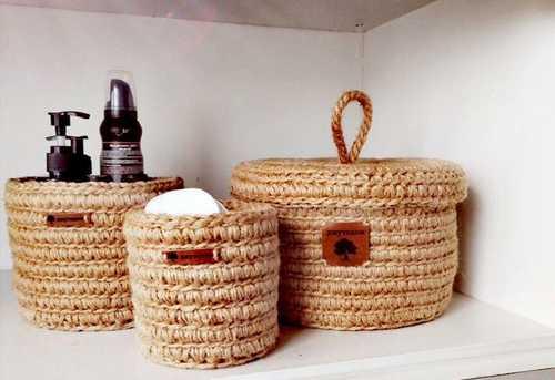 Набор из трех круглых корзин (матрешка) из джута