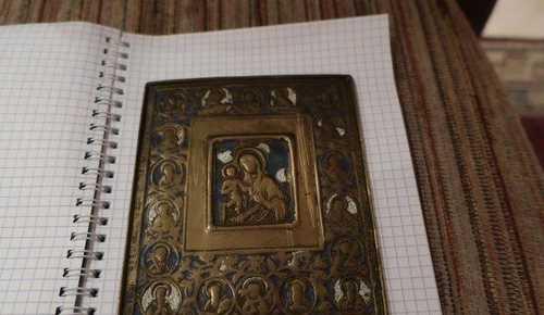 Старинная латунная икона Богородица Троеручница