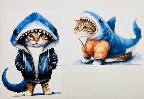 Авторские открытки "Кот акула" 2шт, А6