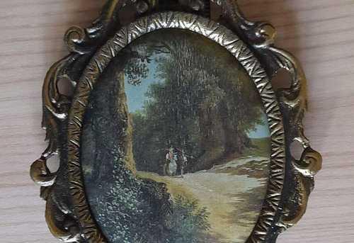 Двое в лесу-шелкография. Картина в бронзовой раме