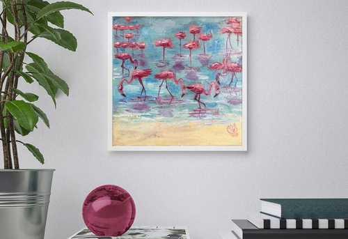 Фламинго картина маслом на холсте 20х20 см
