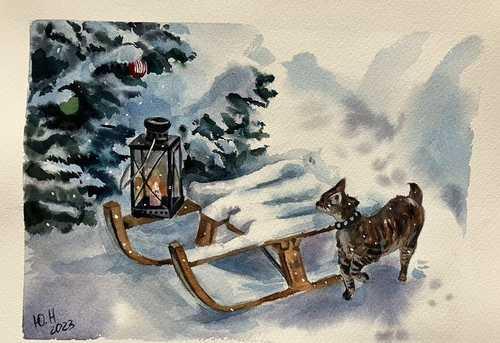 Картина Акварель Котик зимой