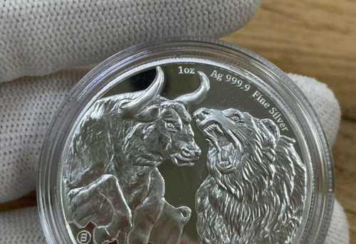 Серебряная монета Токелау "Бык и Медведь" 2022 г.в
