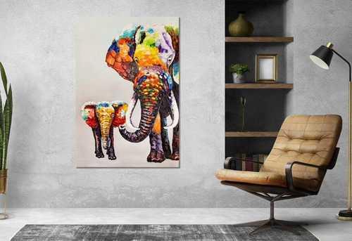 Картина маслом на холсте "Слон и слоненок"