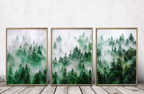 Модульная картина-постер акварелью "Лес в тумане"