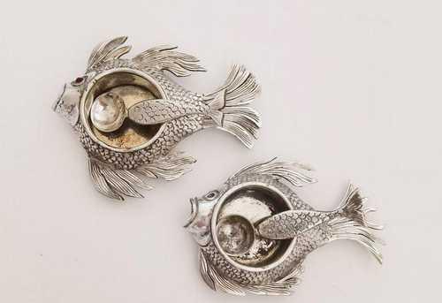 Икорницы в виде рыбок с ложечками, Италия, серебро