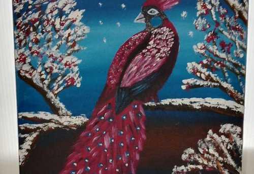 Картина маслом на холсте зимний пейзаж с птицей