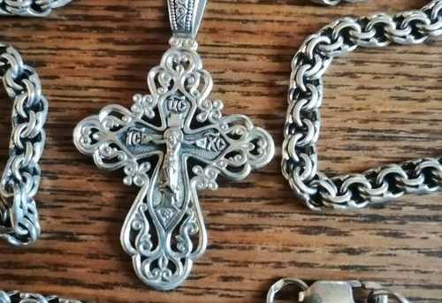 Серебряная цепь, серебряный крестик, серебро 925
