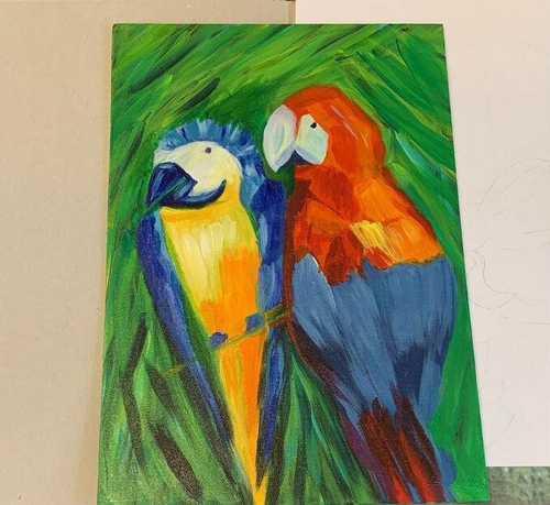Картина попугаи неразлучники акрил на холсте
