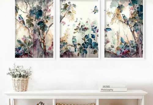 Картины с птицами и цветами триптих живопись в дом