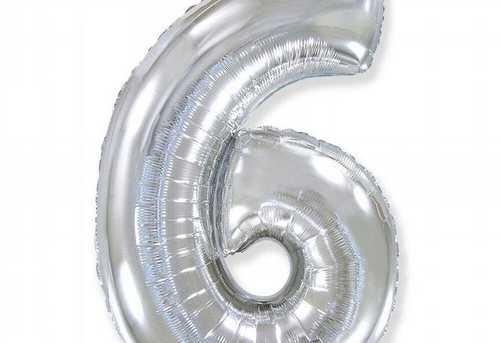 Воздушный шар, Цифра 6, Серебро, 102 см