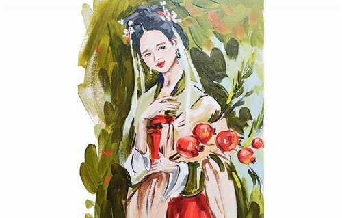 Картина Азия девушка портрет Сакура Япония гранат