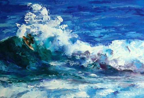 Картина летний пейзаж - Морская волна и серфер