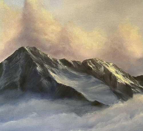 Картина маслом горы в облаках