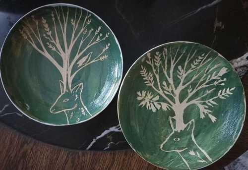 Тарелки керамика с оленем (ручная работа) 2 шт