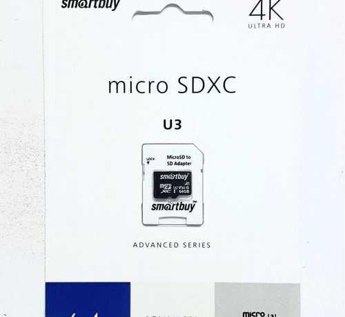 Накопитель microSD 64Gb SmartBuy U3 класс 10 (высо