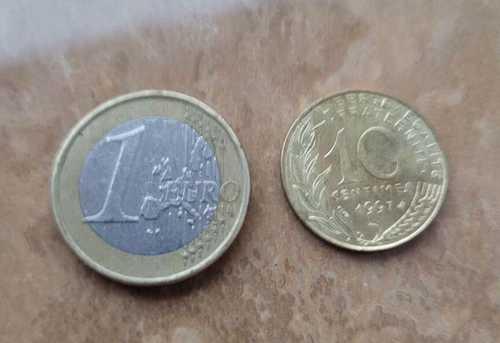 Монеты 1 евро и французские